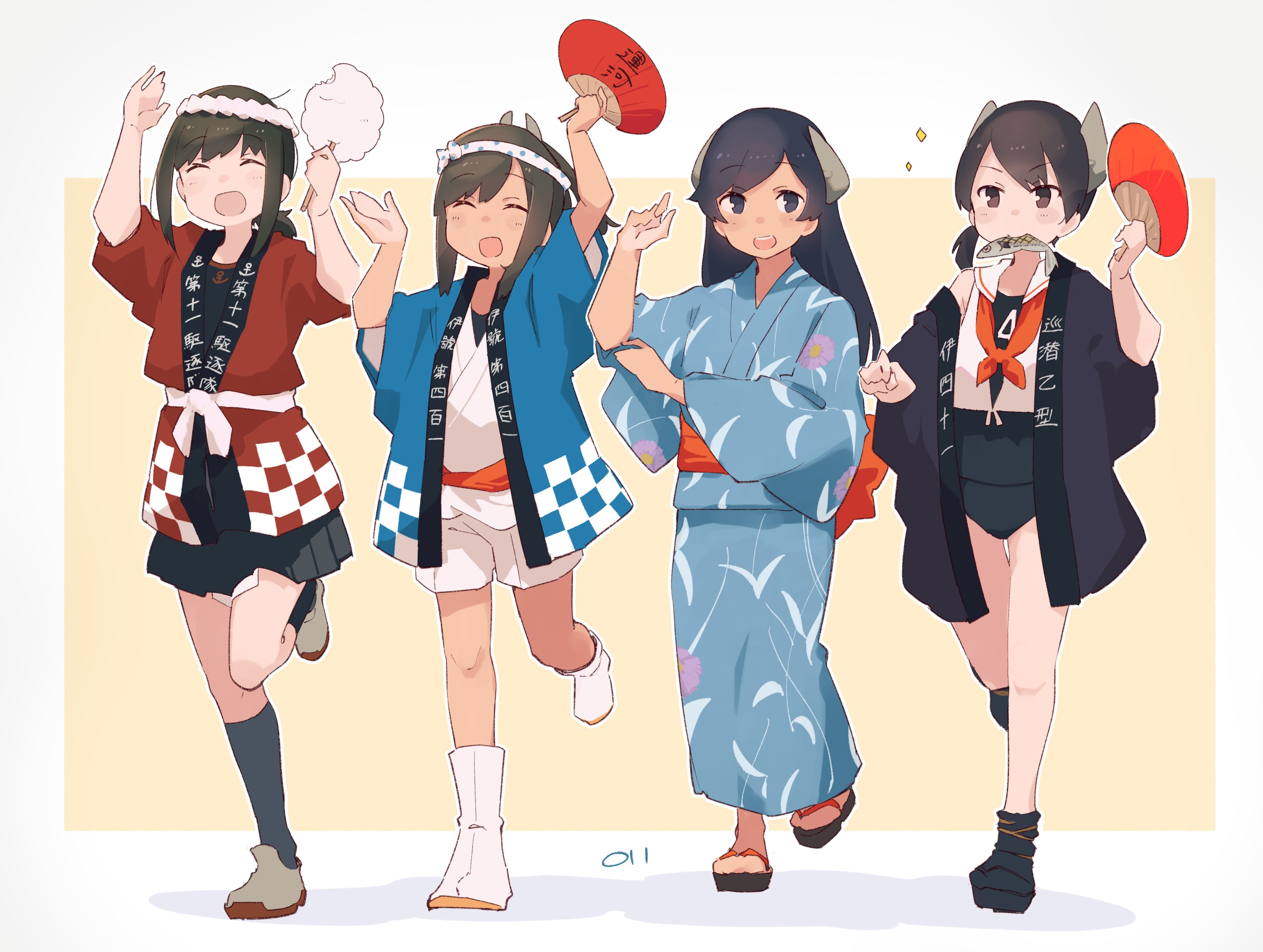 Safebooru - 4girls :d alternate costume anchor symbol black eyes black hair black kimono black ...