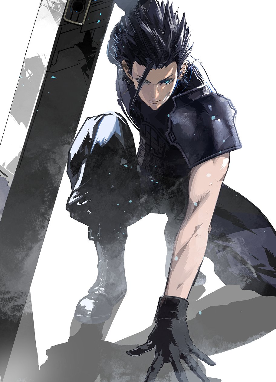 Safebooru - 1boy arm support armor baggy pants black gloves black hair blue eyes boots buster ...