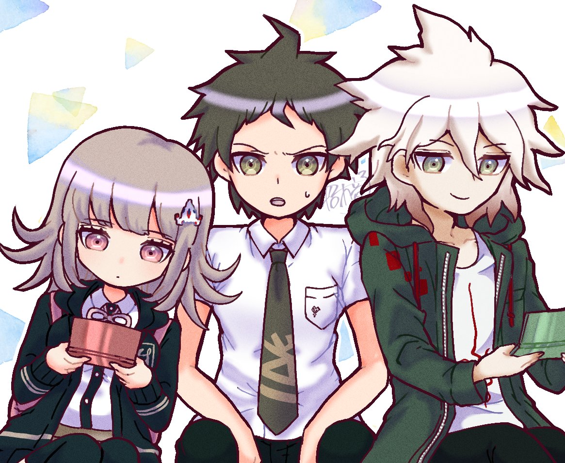 Safebooru - 1girl 2boys ahoge black pants brown hair closed mouth ...