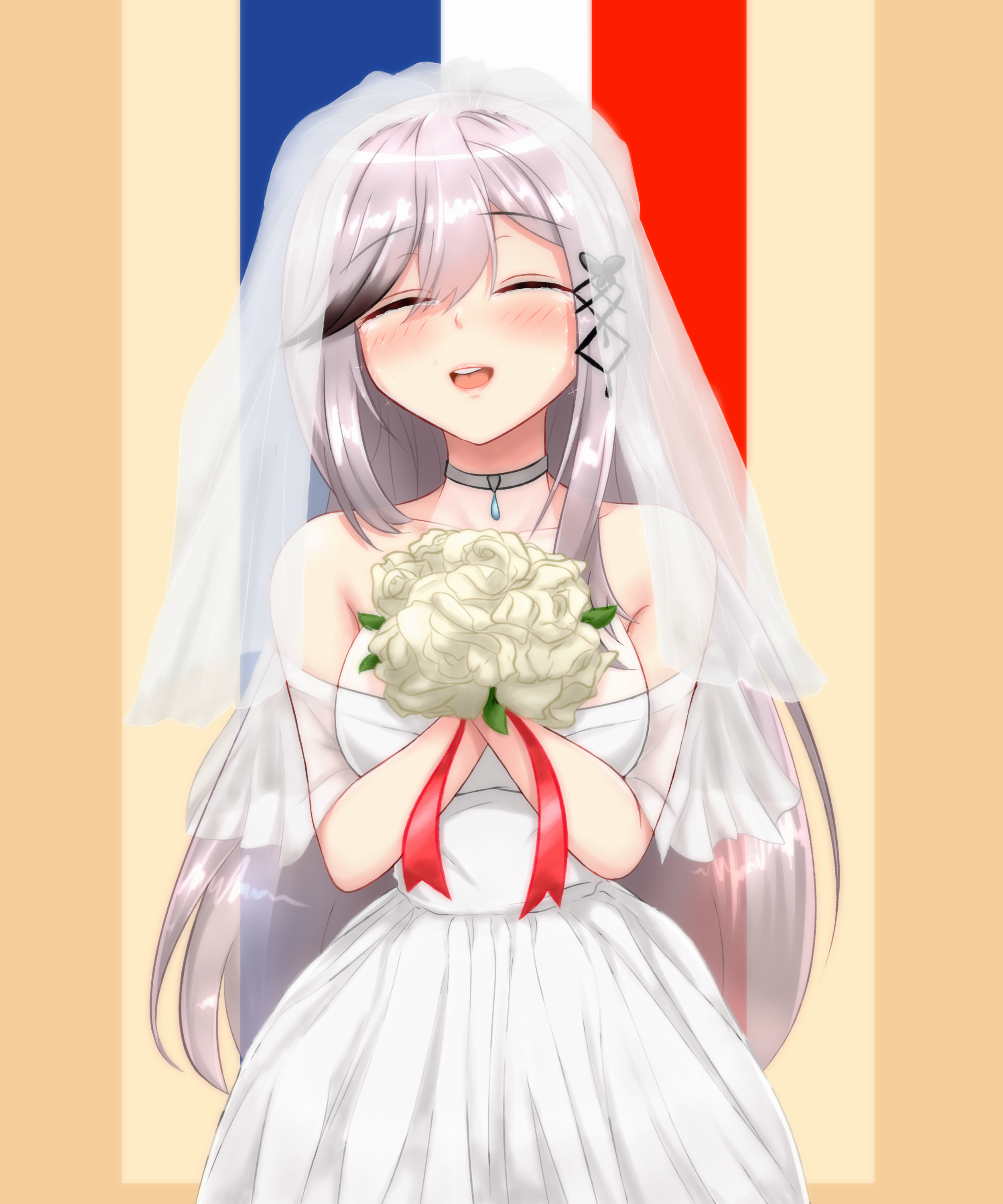 Safebooru - 1girl :d ^ ^ absurdres azur lane bangs bare shoulders black hair blush bouquet ...