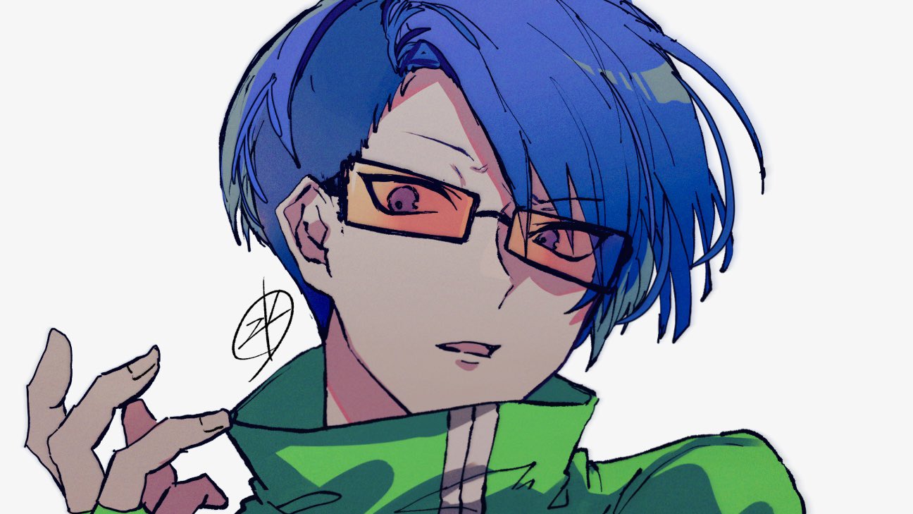 Safebooru - 1boy a d chi black-framed eyewear blue hair commentary request glasses green jacket ...
