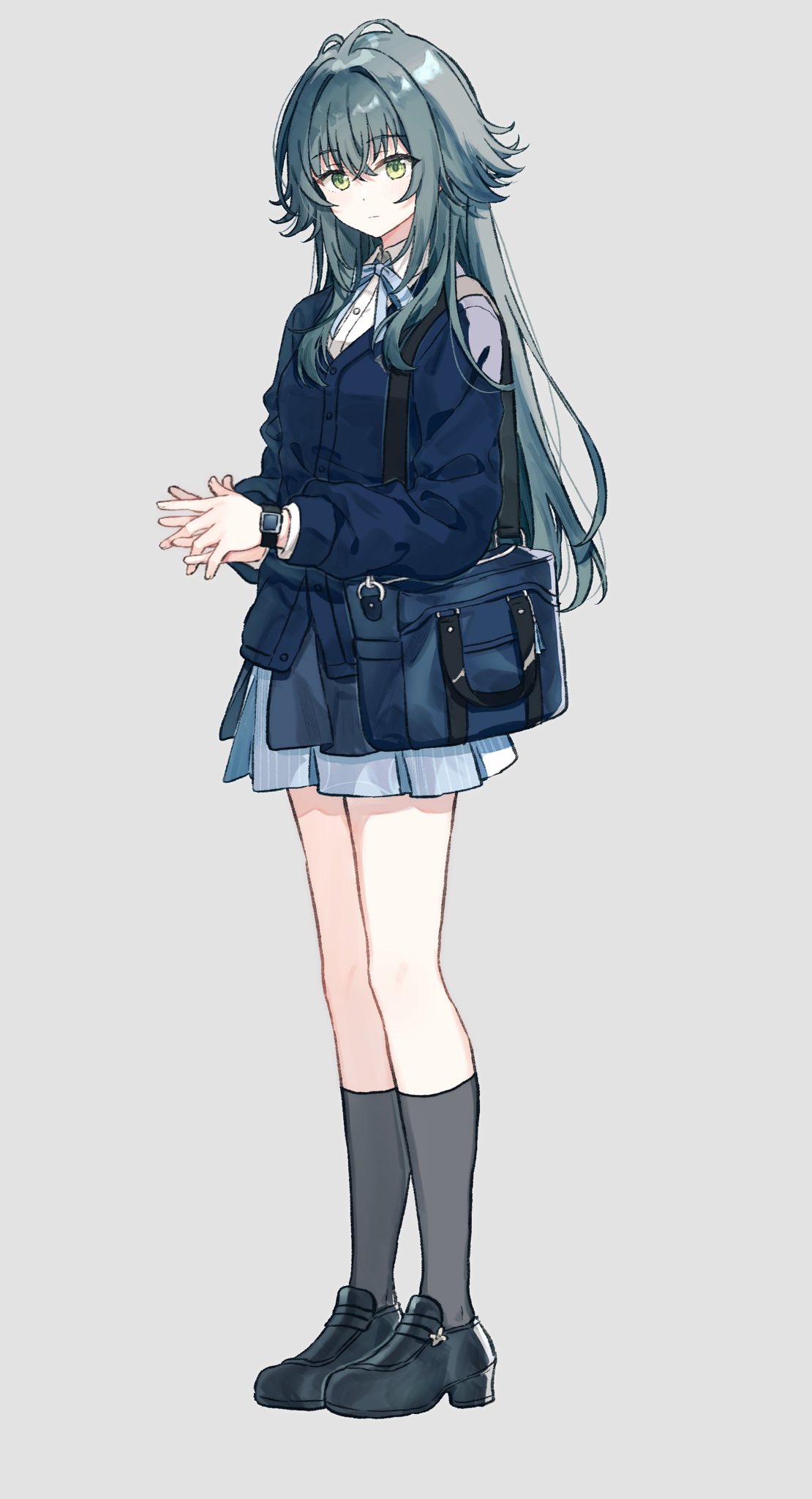 Safebooru - 1girl antenna hair bag black footwear black socks blue cardigan blue hair blue ...