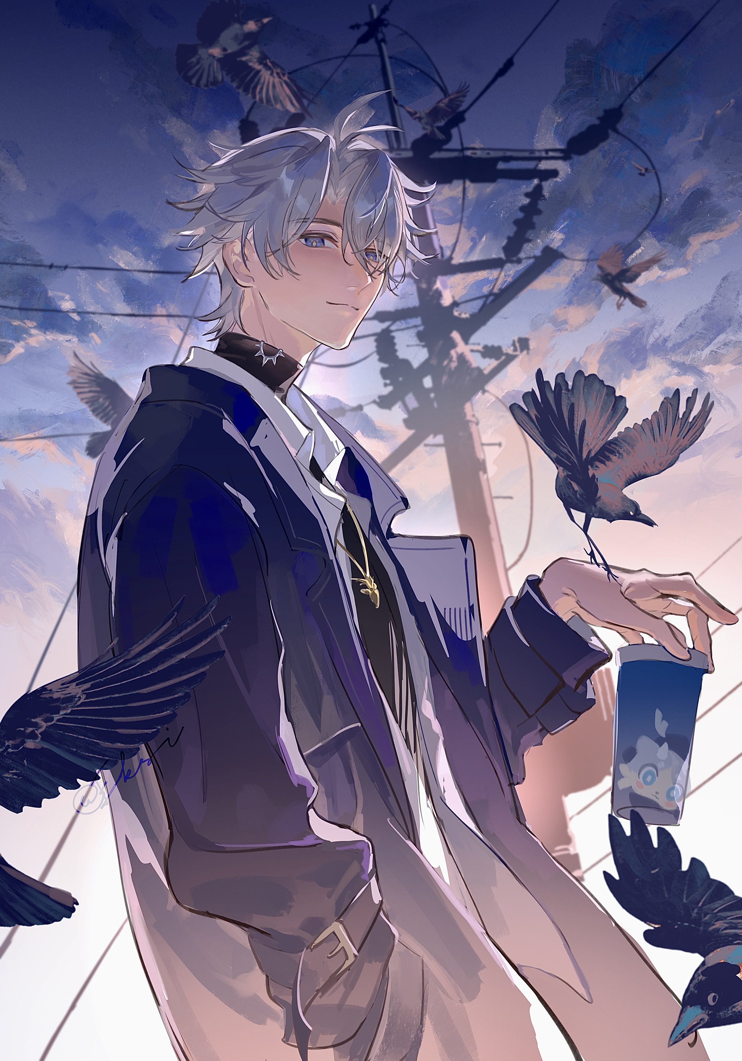 Safebooru - 1boy absurdres antenna hair bird black sweater blue coat blue eyes coat collared ...