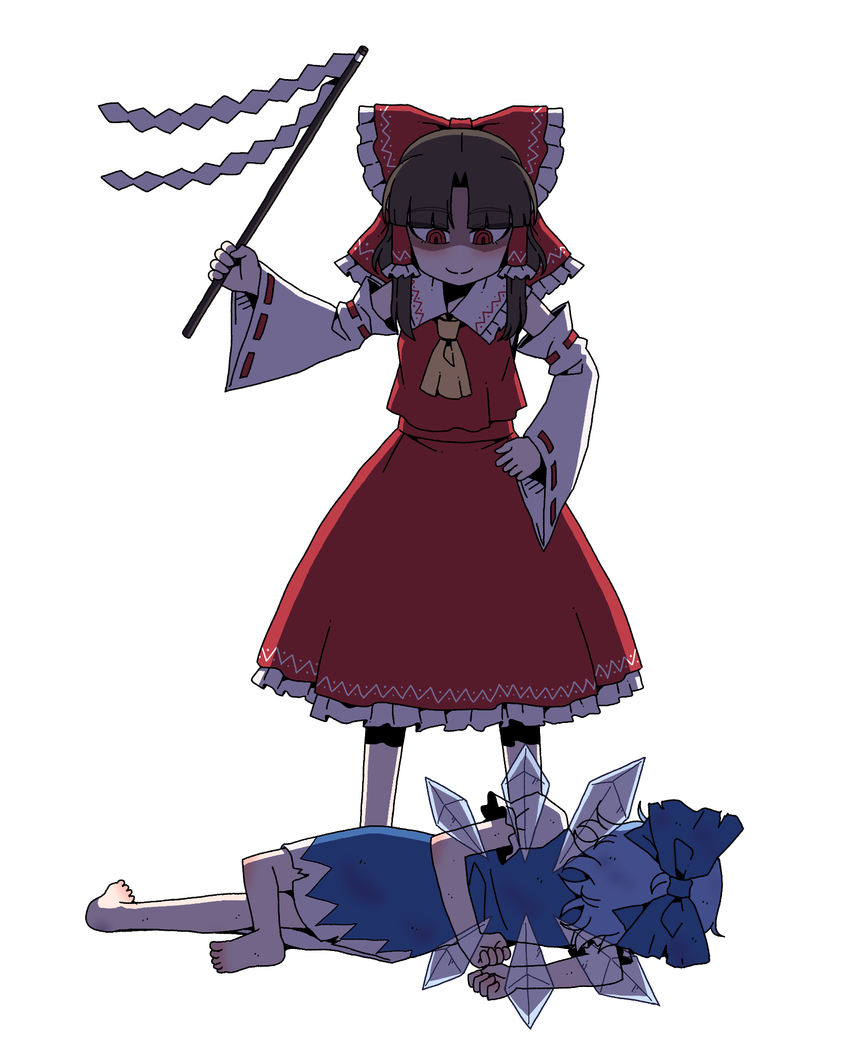 Safebooru - 2girls ascot barefoot bow brown hair cirno closed mouth ...