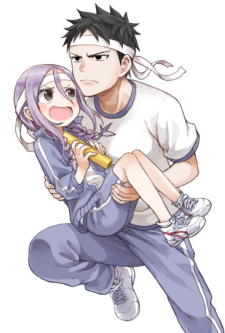 Safebooru - >:( 1boy 1girl bangs black eyes black hair blue jacket blue pants blue shorts braid ...