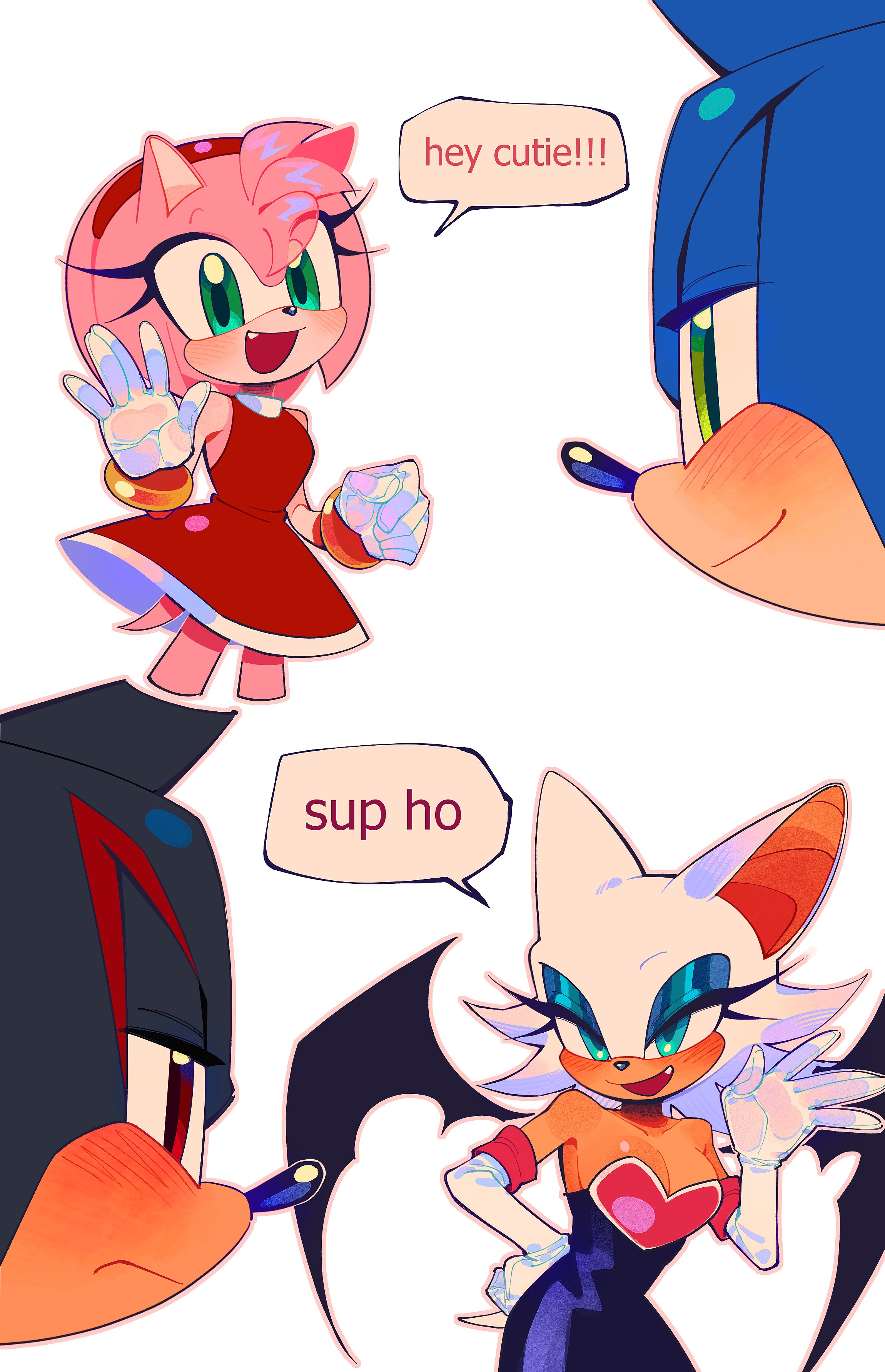 Safebooru - 2boys 2girls absurdres amy rose animal ears animal nose aqua eyes bare shoulders bat ...