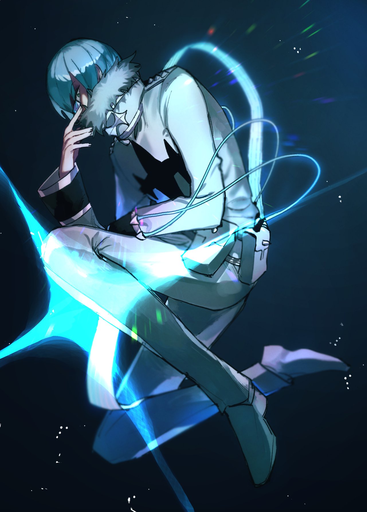 Safebooru - 1boy adjusting eyewear belt pouch blue hair fur collar ...