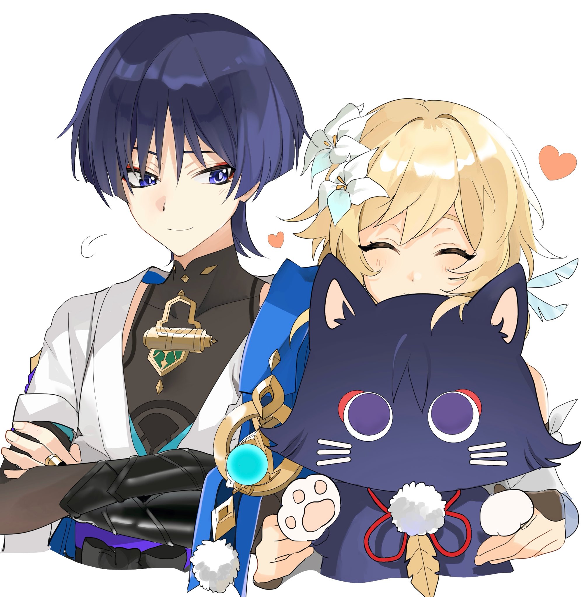 Safebooru - 1boy 1girl aqua gemstone aqua kimono aqua sleeves armor black bodysuit black bow ...