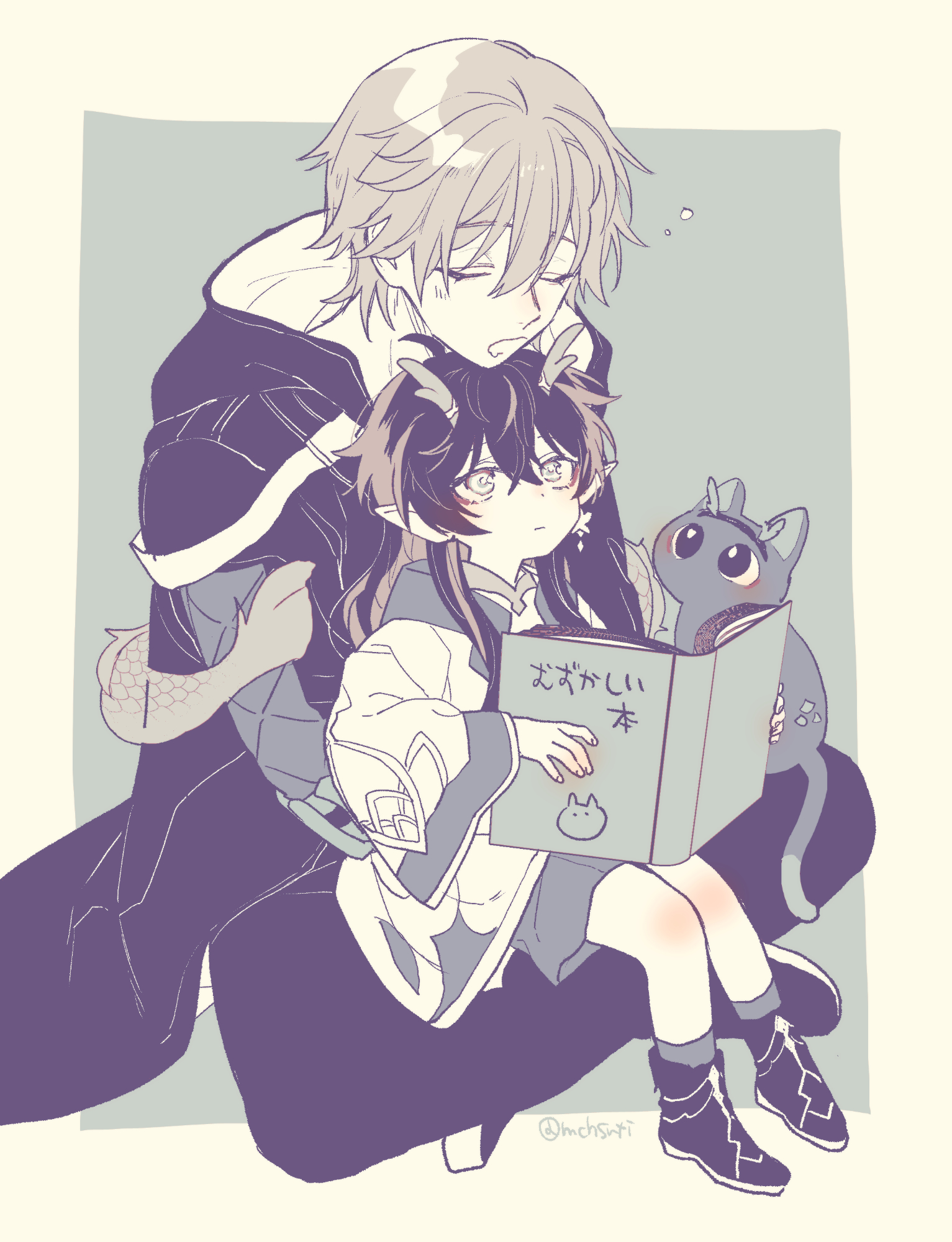 Safebooru - 2boys aged down artist name black coat black footwear black ...