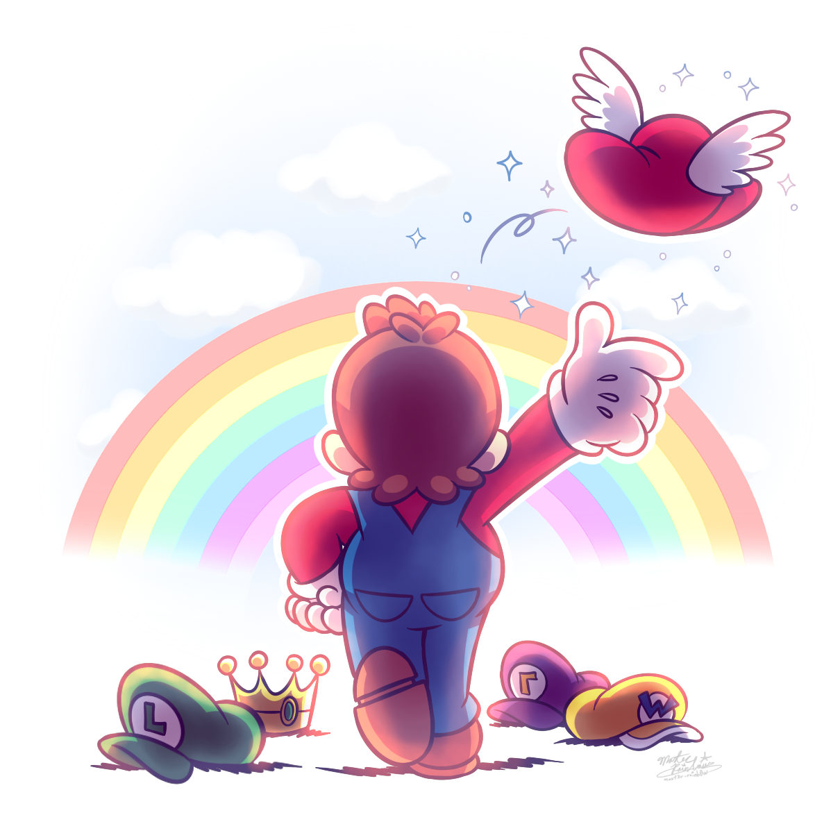 Safebooru - 1boy blue overalls brown hair clouds commentary crown ...