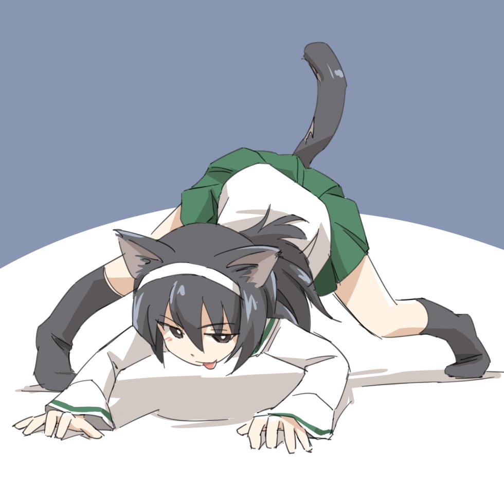 Safebooru - animal ears bangs black hair cat ears cat tail girls und panzer hairband long hair ...