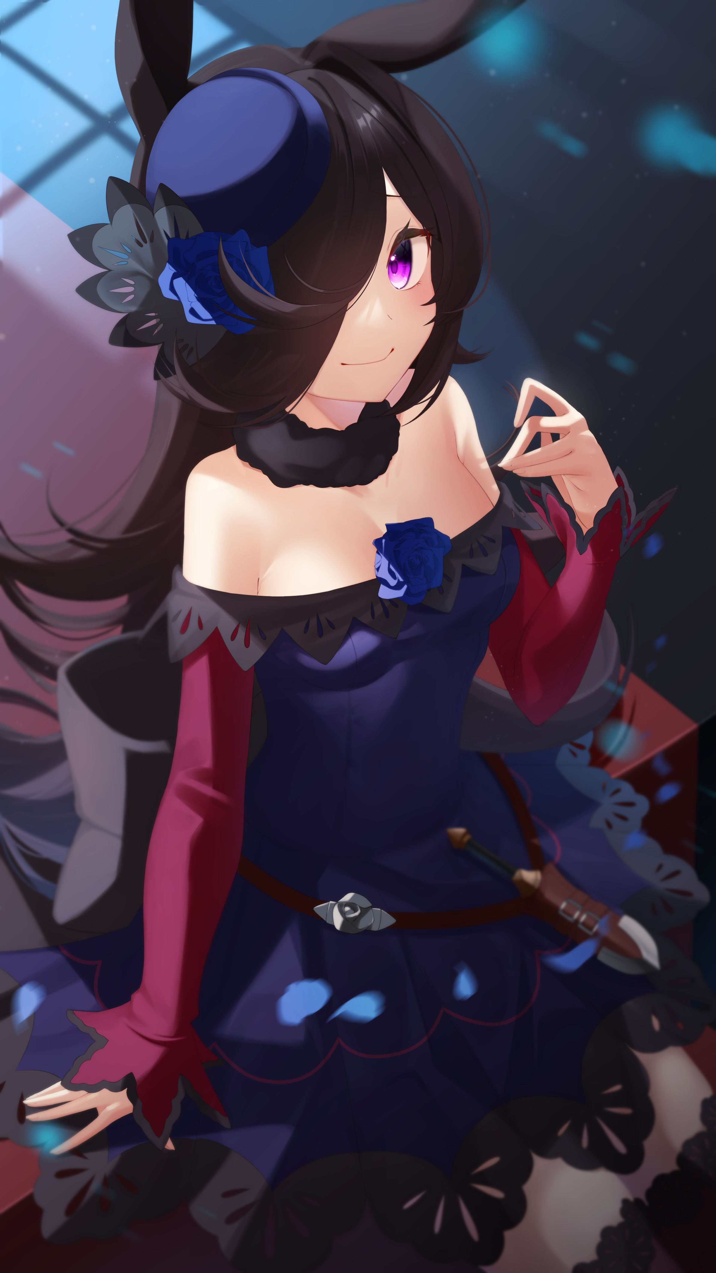 Safebooru - 1girl absurdres animal ears bare shoulders black hair blue dress blue flower blue ...