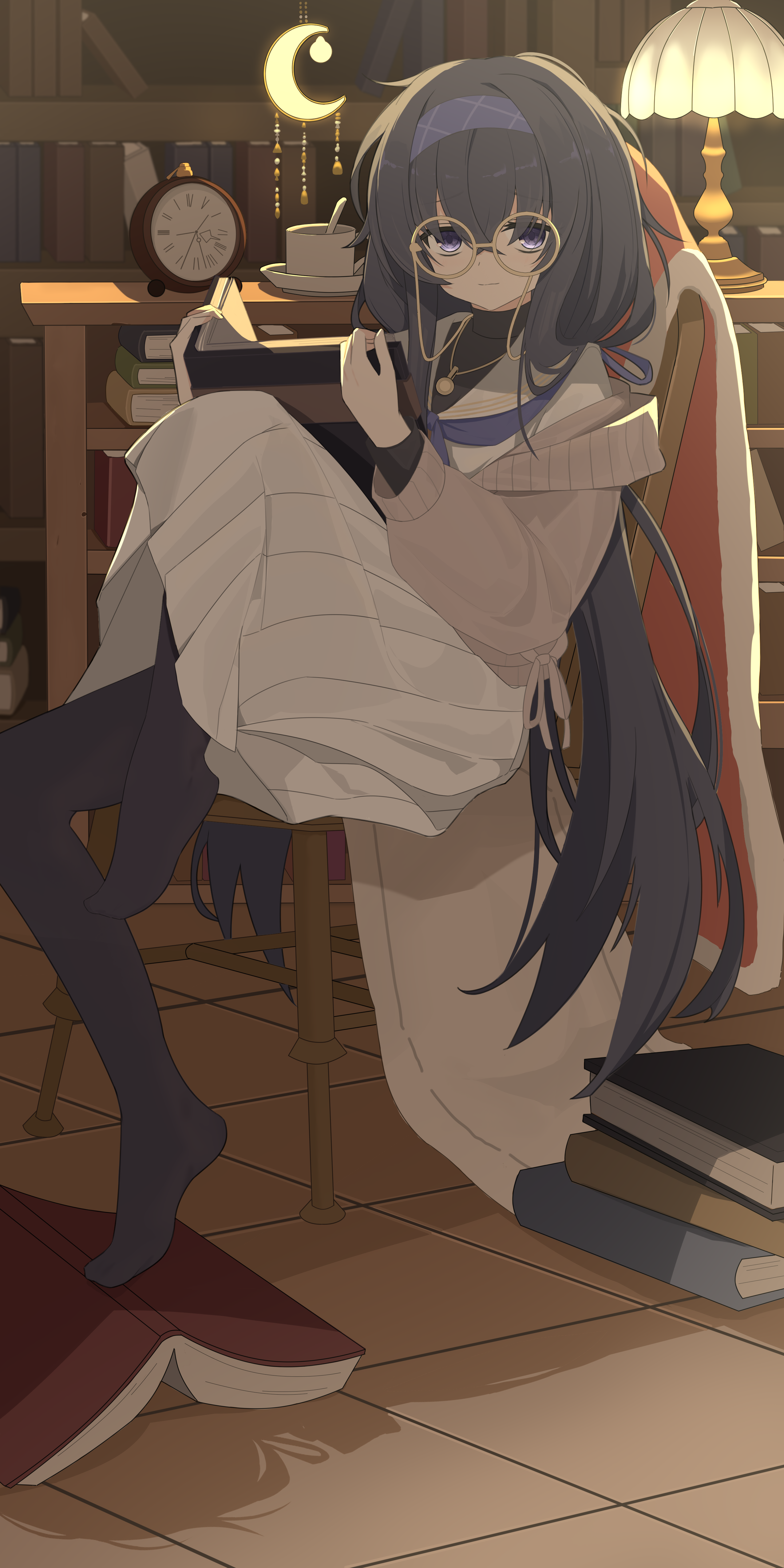 Safebooru - 1girl absurdres black hair black pantyhose blue archive book bookshelf brown ...