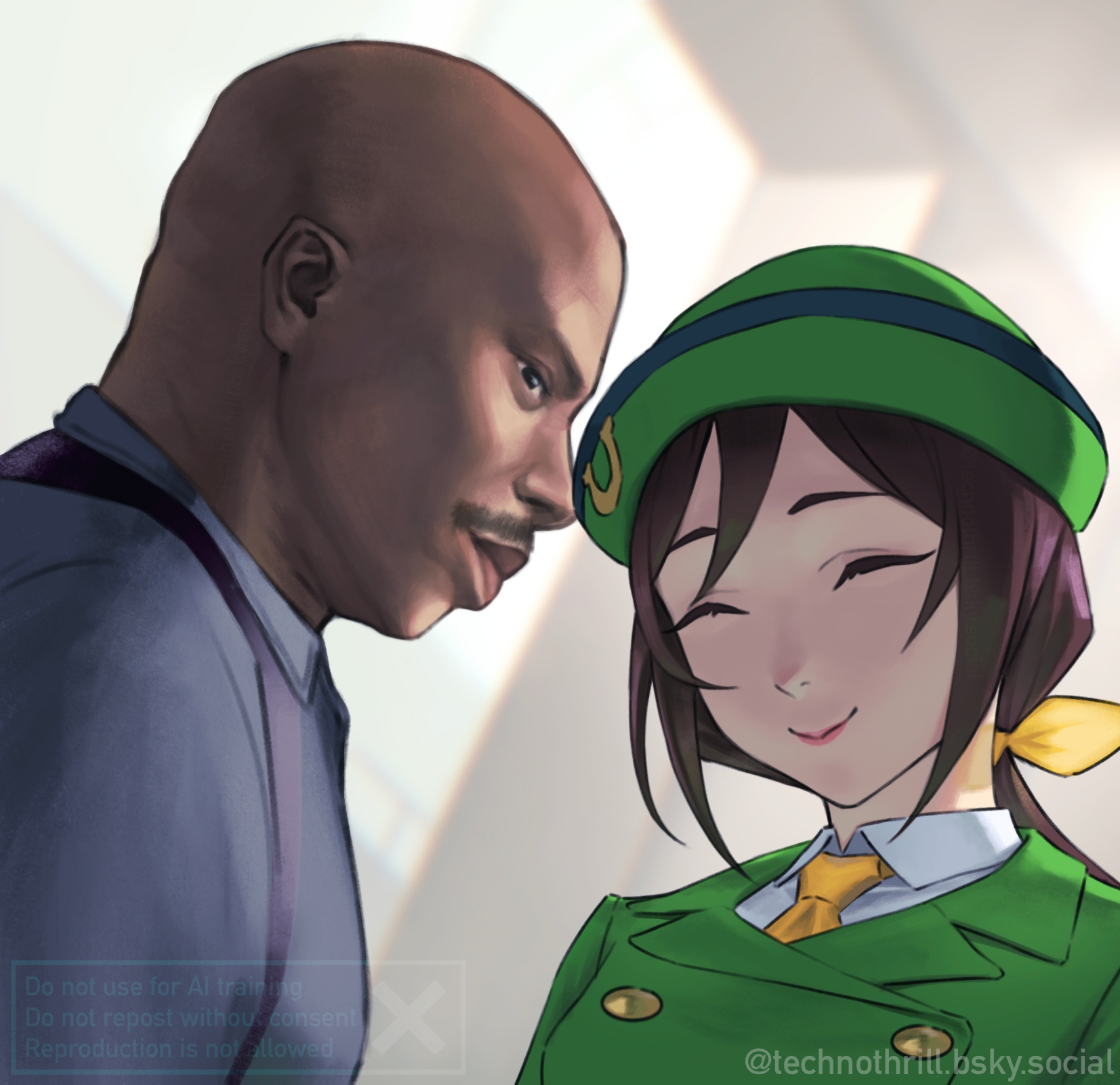 Safebooru - 1boy 1girl ^ ^ bald black hair bluesky username bowler hat ...