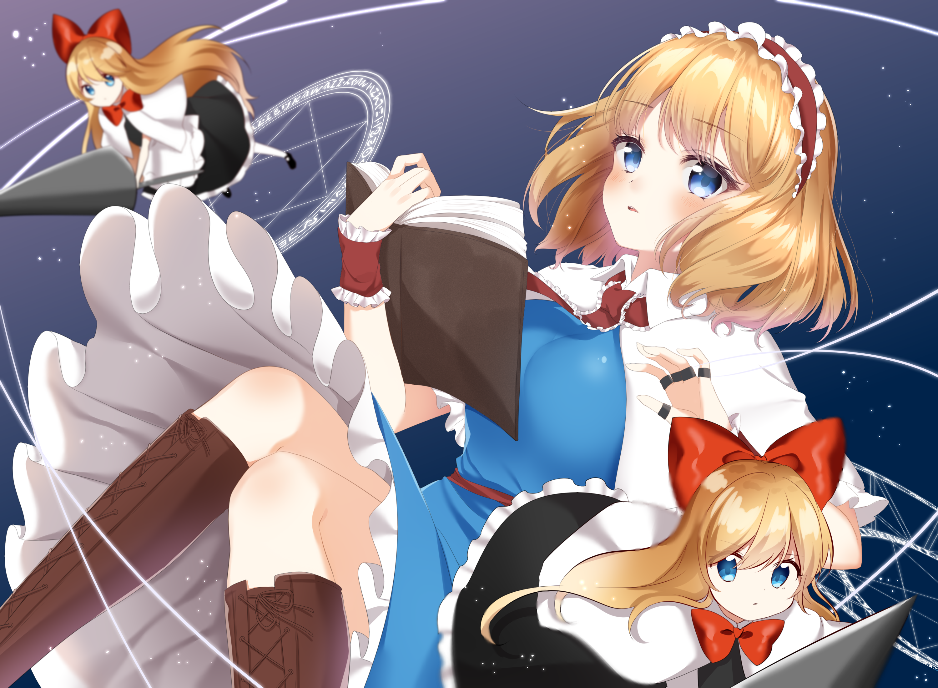 Safebooru - 1girl alice margatroid apron arms up bangs blonde hair blue background blue dress ...