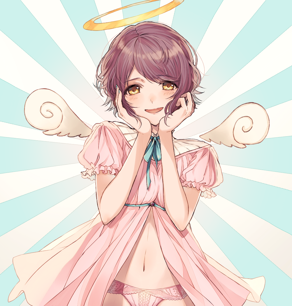 Safebooru - 1girl :d angel angel wings bangs blue nails blue ribbon blush brown eyes brown hair ...