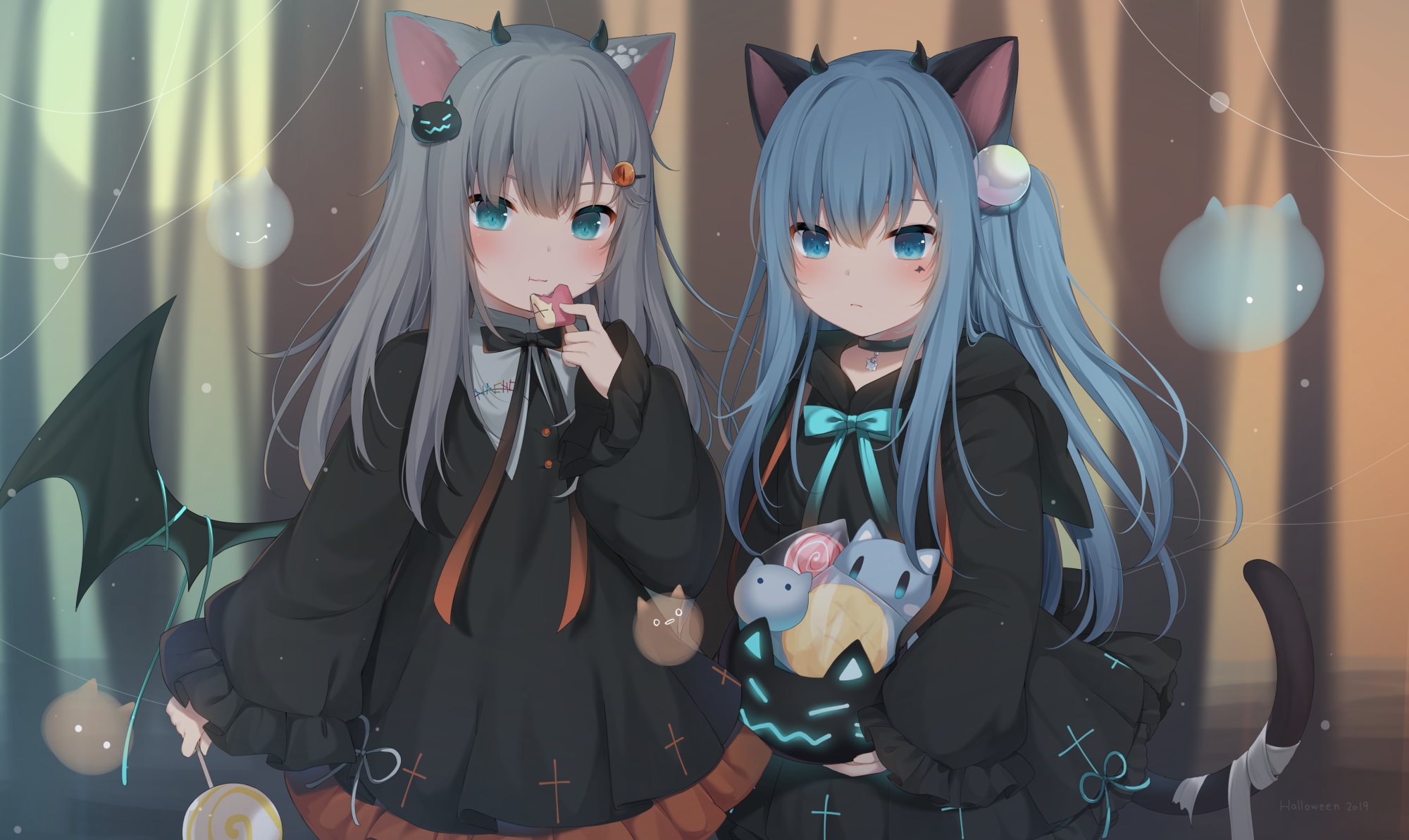 Safebooru - 2019 2girls :t amashiro natsuki animal ears bangs black bow black dress blue eyes ...
