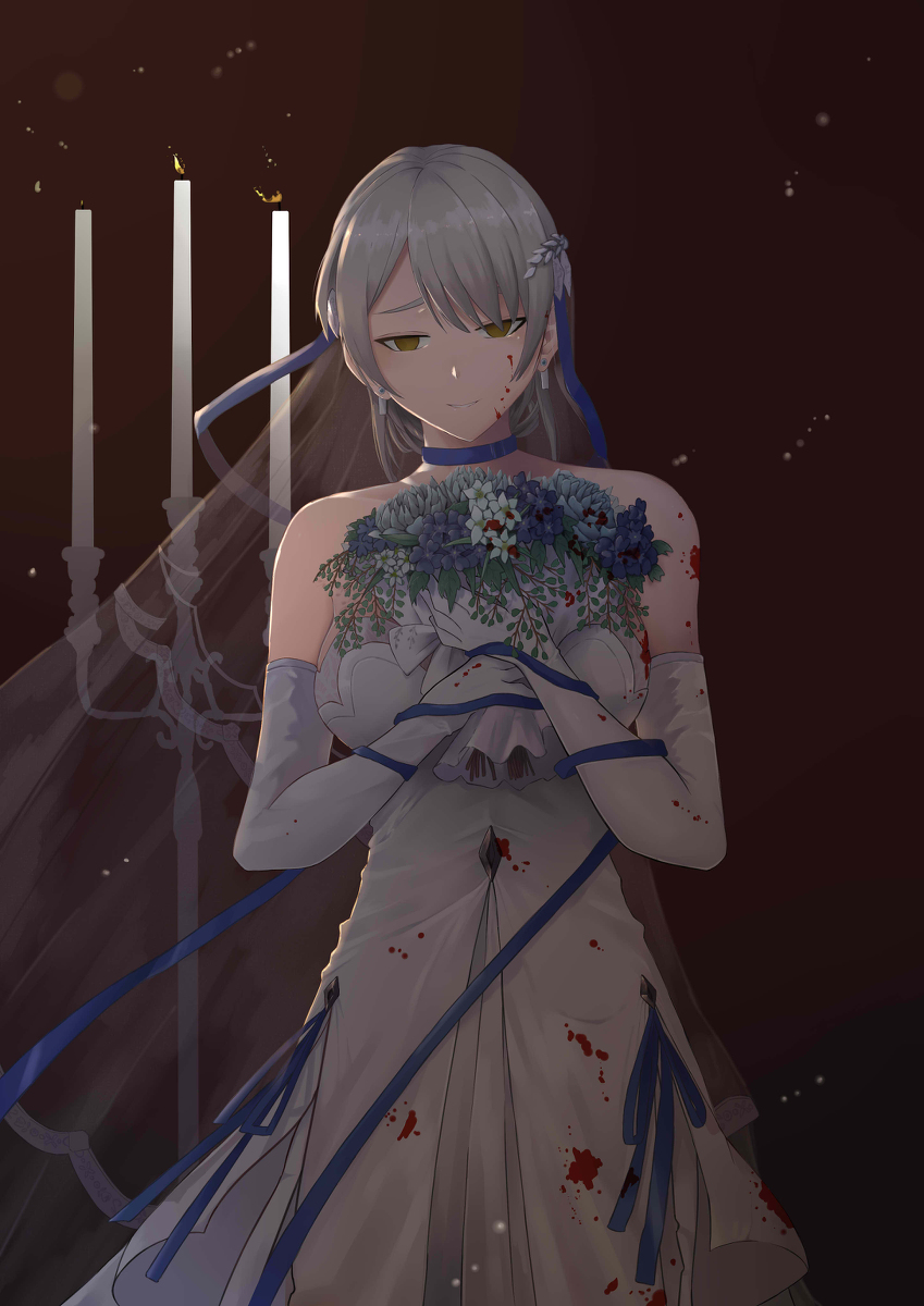 Safebooru - alternate costume blood blood splatter bridal veil candle ...