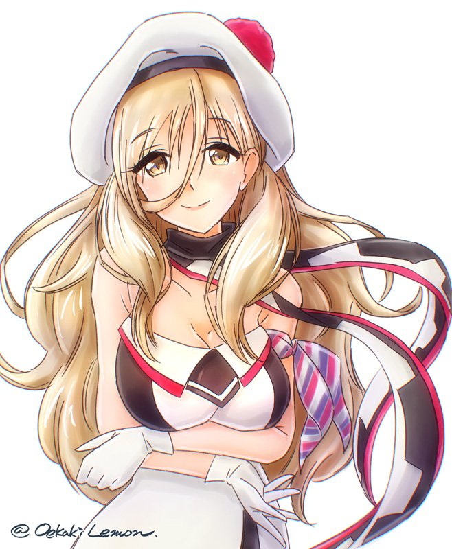 Safebooru - 1girl beret blonde hair blue eyes cowboy shot dress gloves hair between eyes hat ...