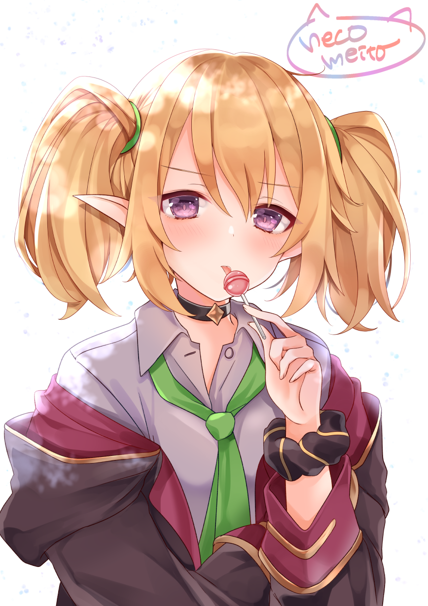 Safebooru - 1girl bangs black jacket black scrunchie blonde hair candy ...