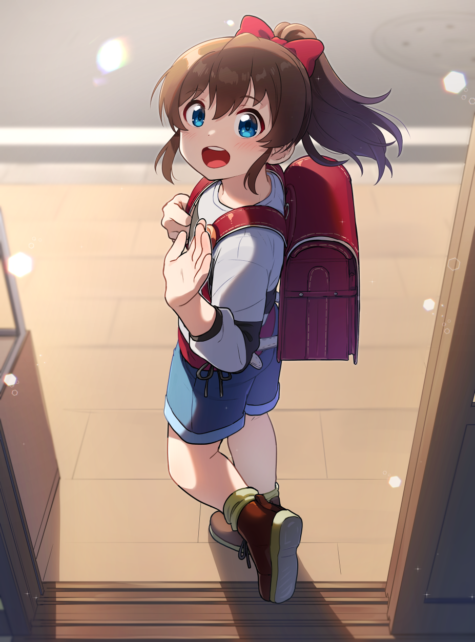 Safebooru - 1girl aged down backpack bag bangs blue eyes blue shorts blurry blurry background ...