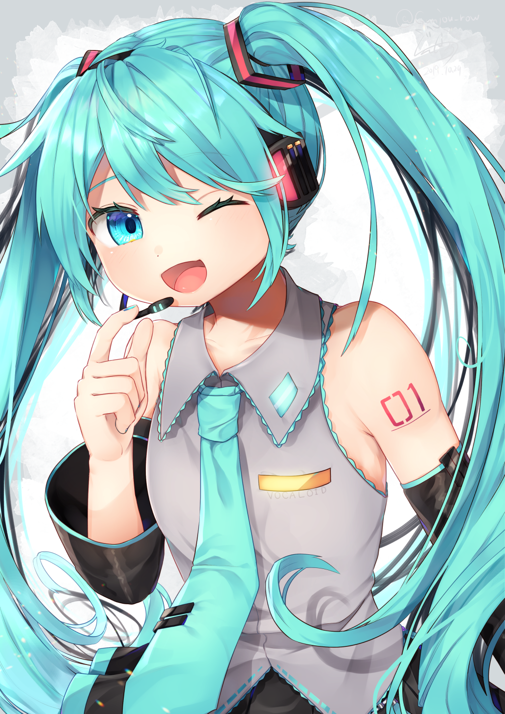 Safebooru - 1girl ;d aqua eyes aqua hair aqua neckwear arm up armpit crease bangs black skirt ...