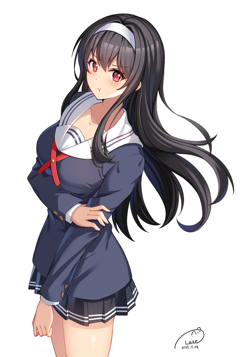 Safebooru - 1girl 94 (644534209) :t black hair black shirt black skirt blush breasts closed ...