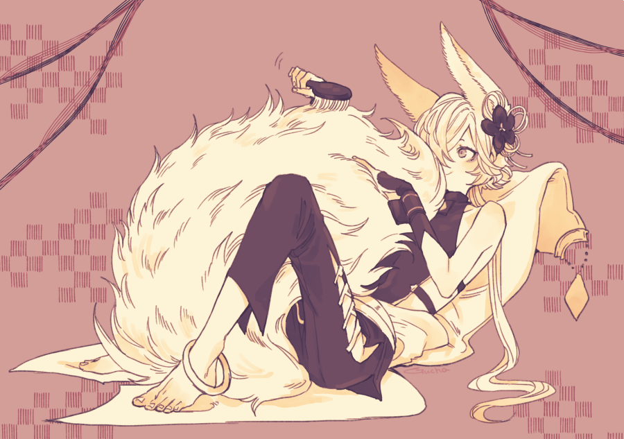 Safebooru - 1boy animal ears backless outfit barefoot brush collar erune fox boy fox ears fox ...