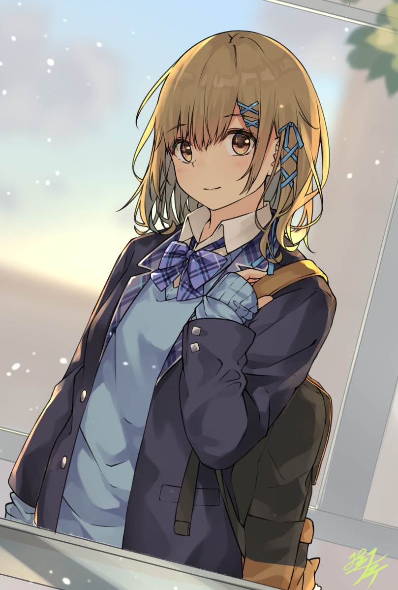 Safebooru - 1girl arm at side backpack bag bangs black jacket blazer blue bow blue neckwear blue ...