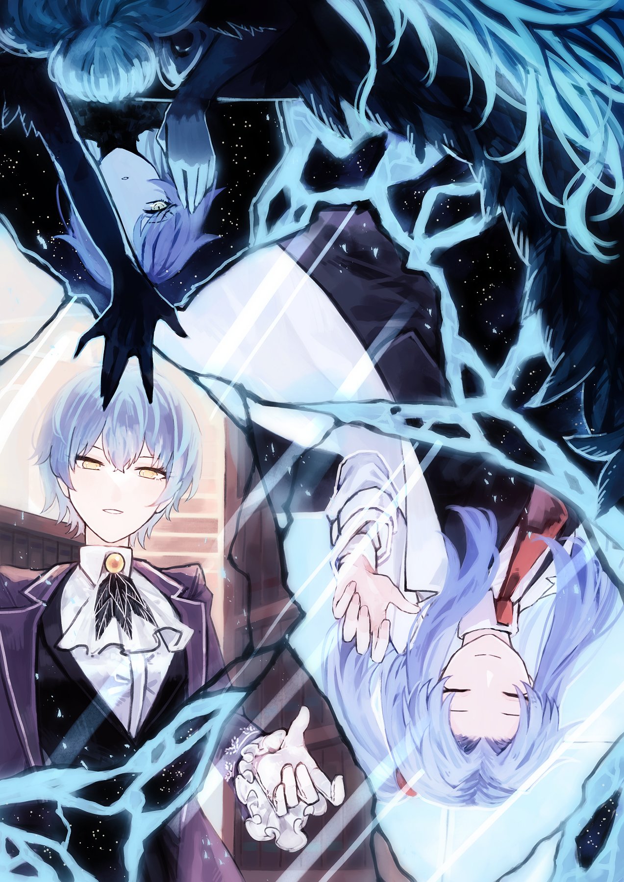 Safebooru - 1girl angela (project moon) ascot black vest blue coat blue hair closed eyes closed ...