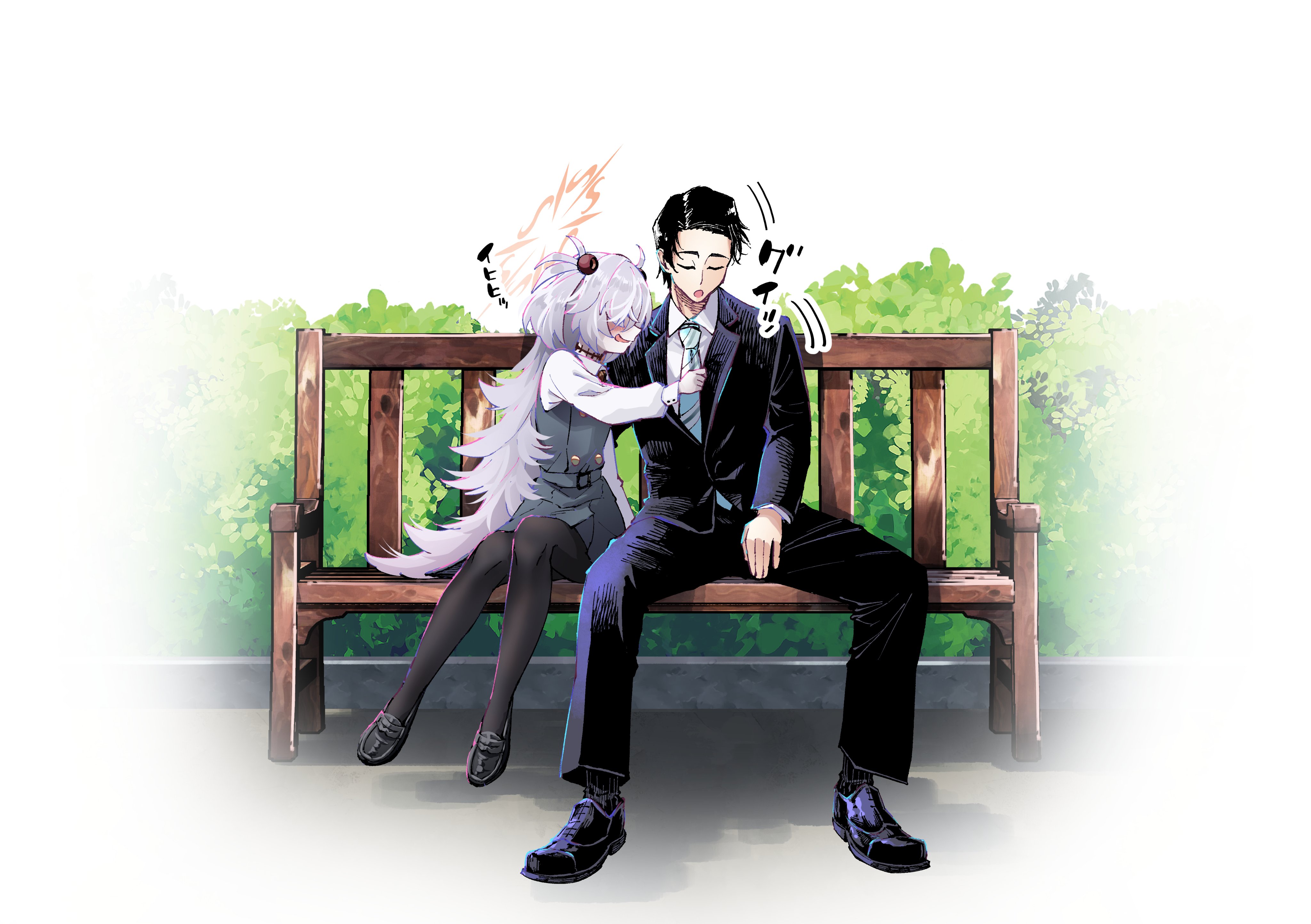 Safebooru - 1boy 1girl absurdres aqua necktie bench black hair black pants black pantyhose black ...