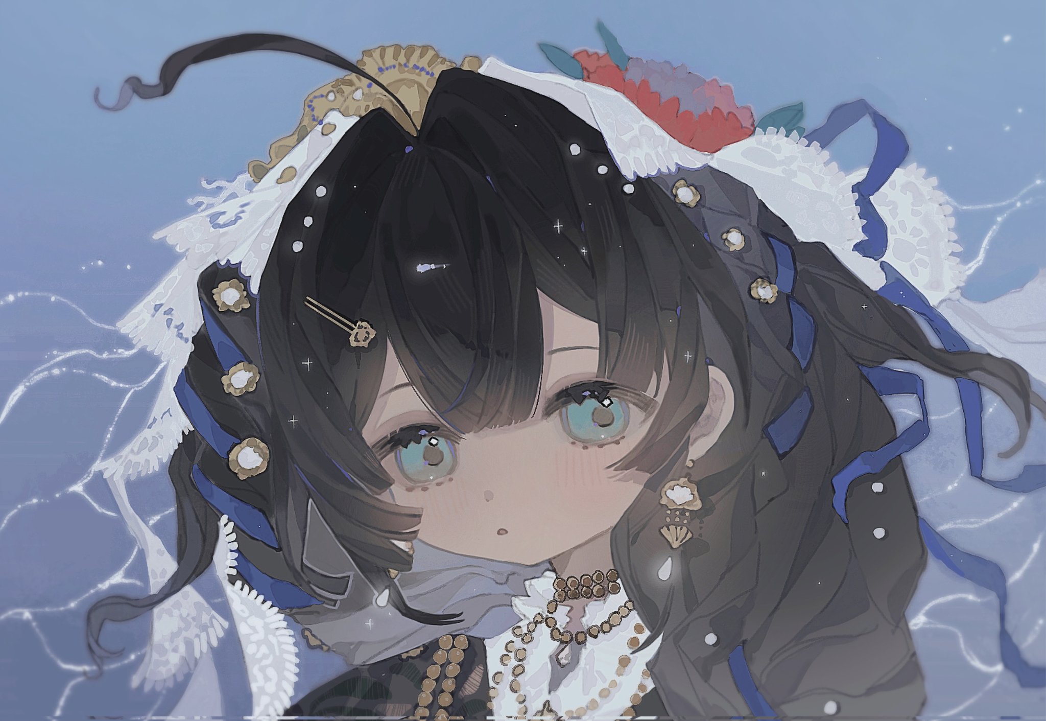 Safebooru - 1girl :o ahoge bead necklace beads blue background blue eyes dark-skinned female ...