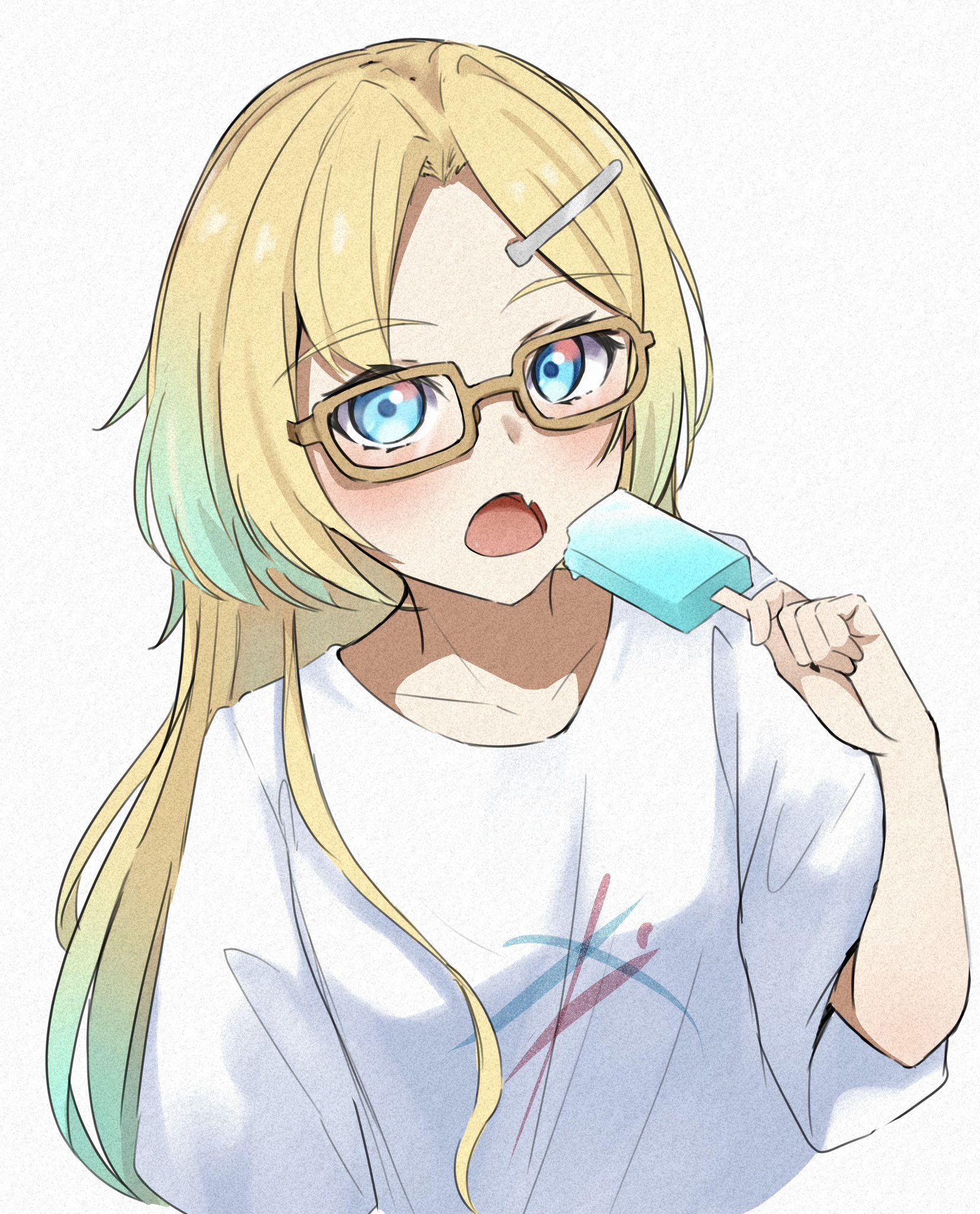Safebooru - 1girl alternate costume blonde hair blue eyes blue hair brown-framed eyewear ...