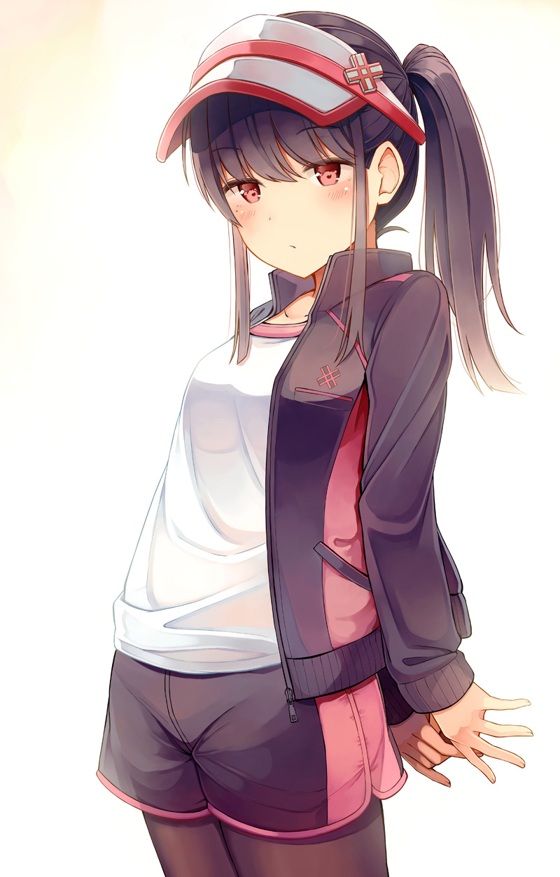 Safebooru - 1girl arms behind back bangs black hair black jacket black shorts blush breasts ...