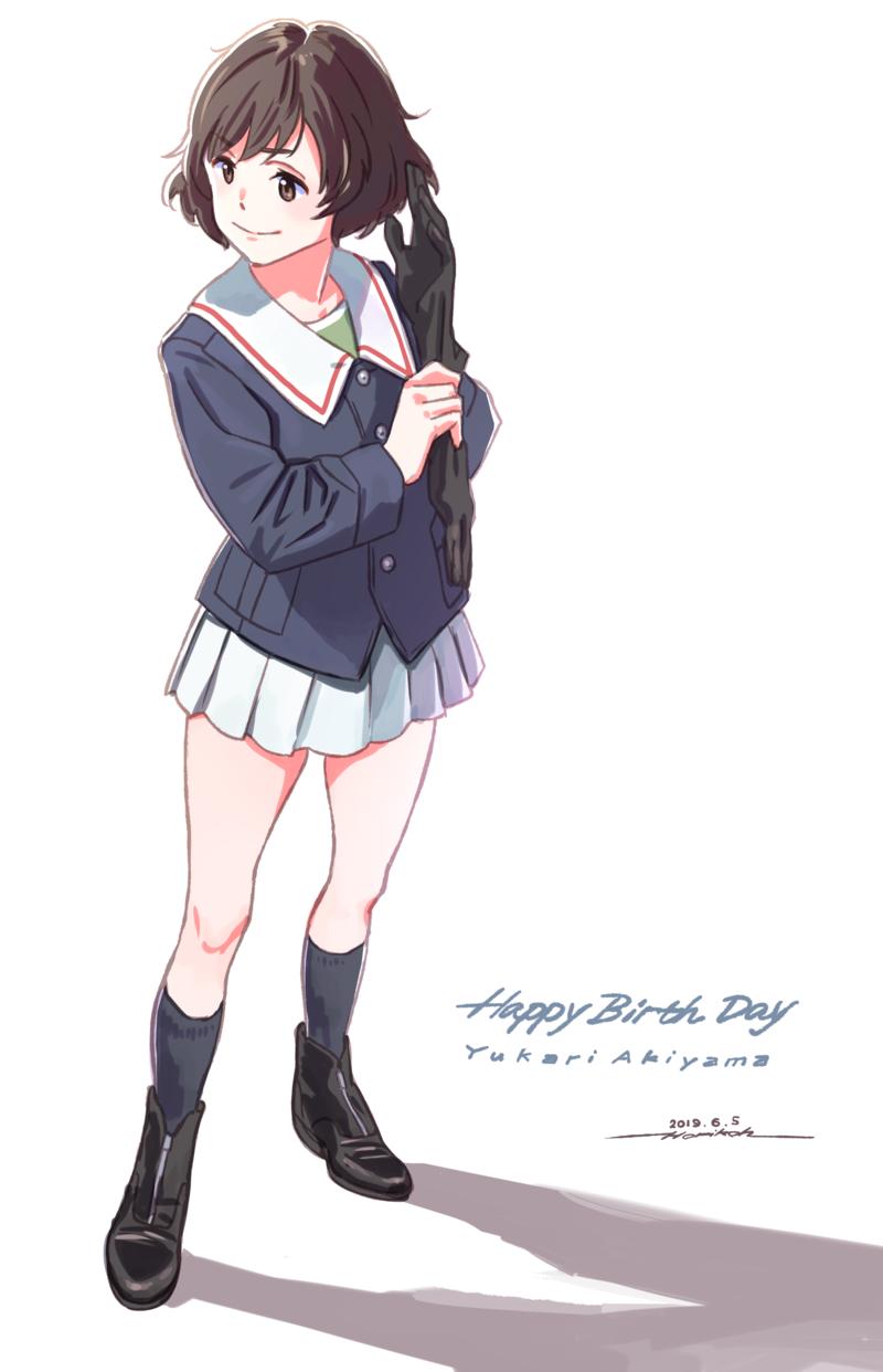 Safebooru - 1girl akiyama yukari ankle boots artist name bangs black footwear black gloves black ...