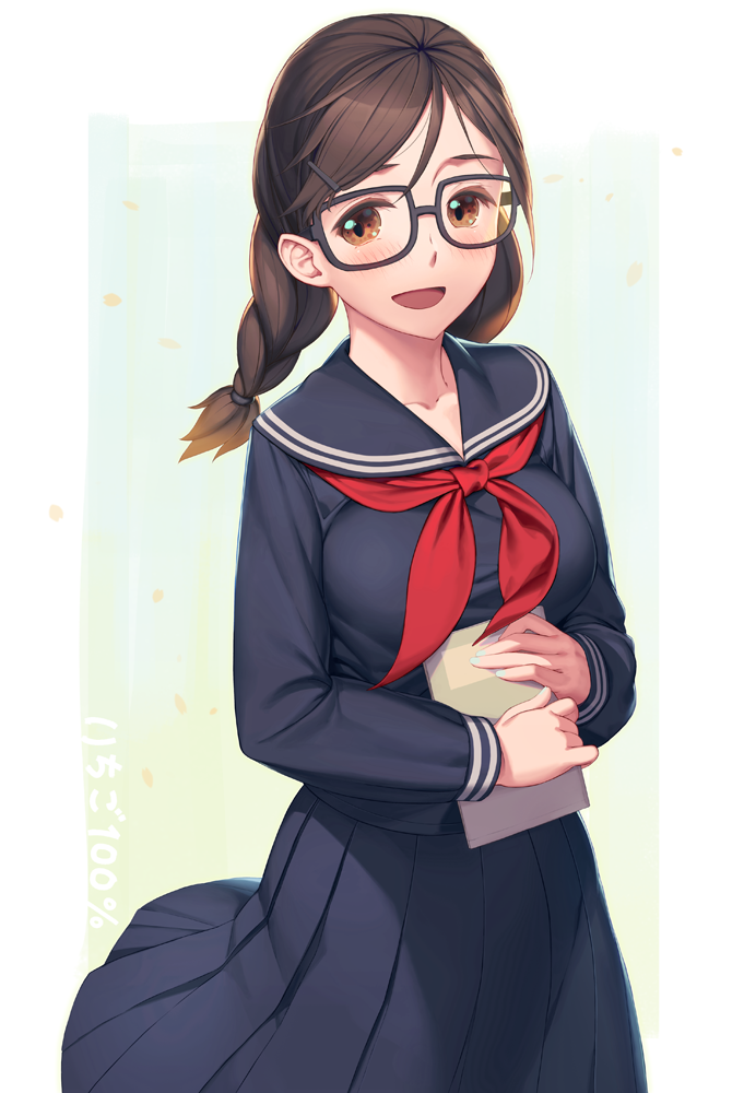 Safebooru - 1girl :d bangs black sailor collar black shirt black skirt braid breasts brown eyes ...