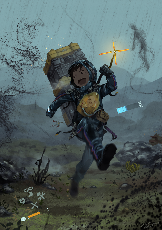 Safebooru - boots death stranding rain running user interface | 2949744