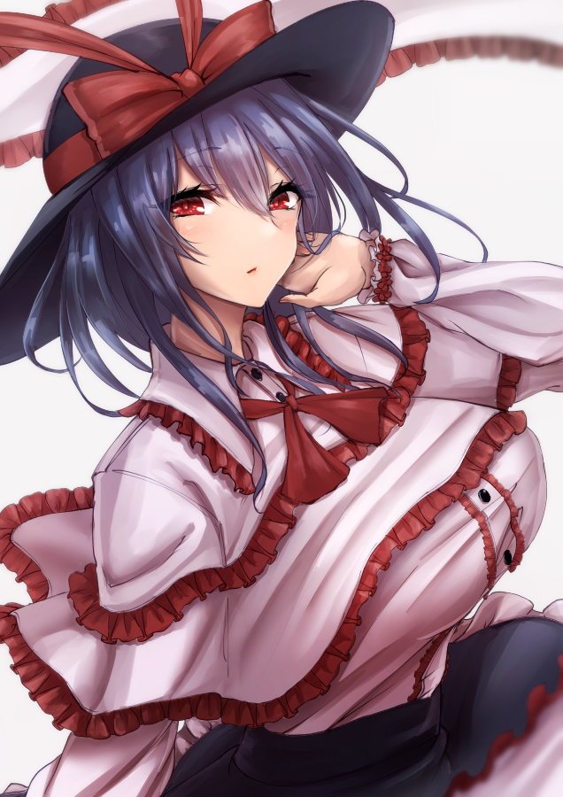 Safebooru - 1girl akehi yuki bangs black headwear black skirt blush bow breasts capelet ...