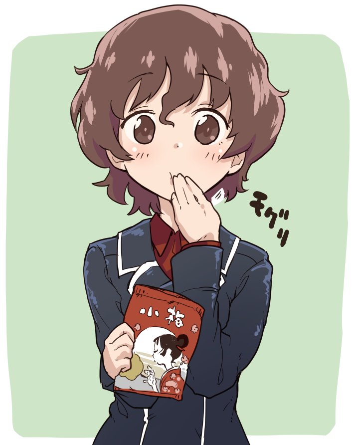 Safebooru - 1girl akaboshi koume bangs black jacket blue eyes brown hair candy chips commentary ...