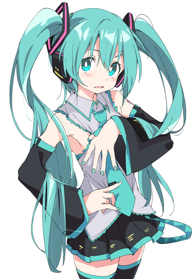 Safebooru - 1girl aqua eyes aqua hair aqua neckwear armpits black legwear blush commentary ...