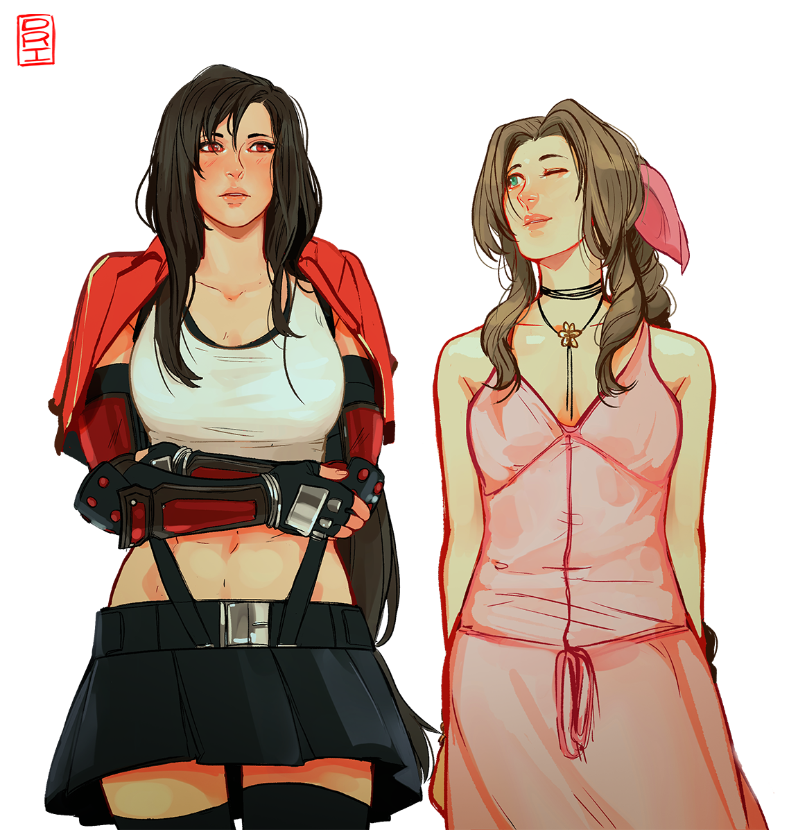 Safebooru - aerith gainsborough arm guards black hair blush bolo tie borrowed garments bow ...