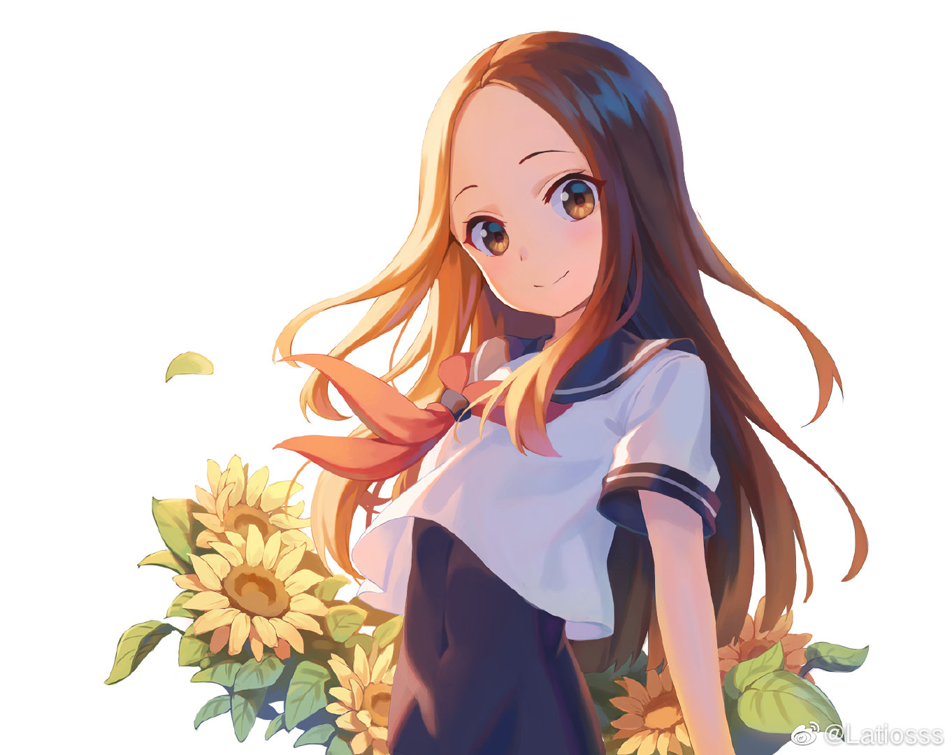 Safebooru - 1girl bodysuit brown eyes brown hair covered navel flower ...