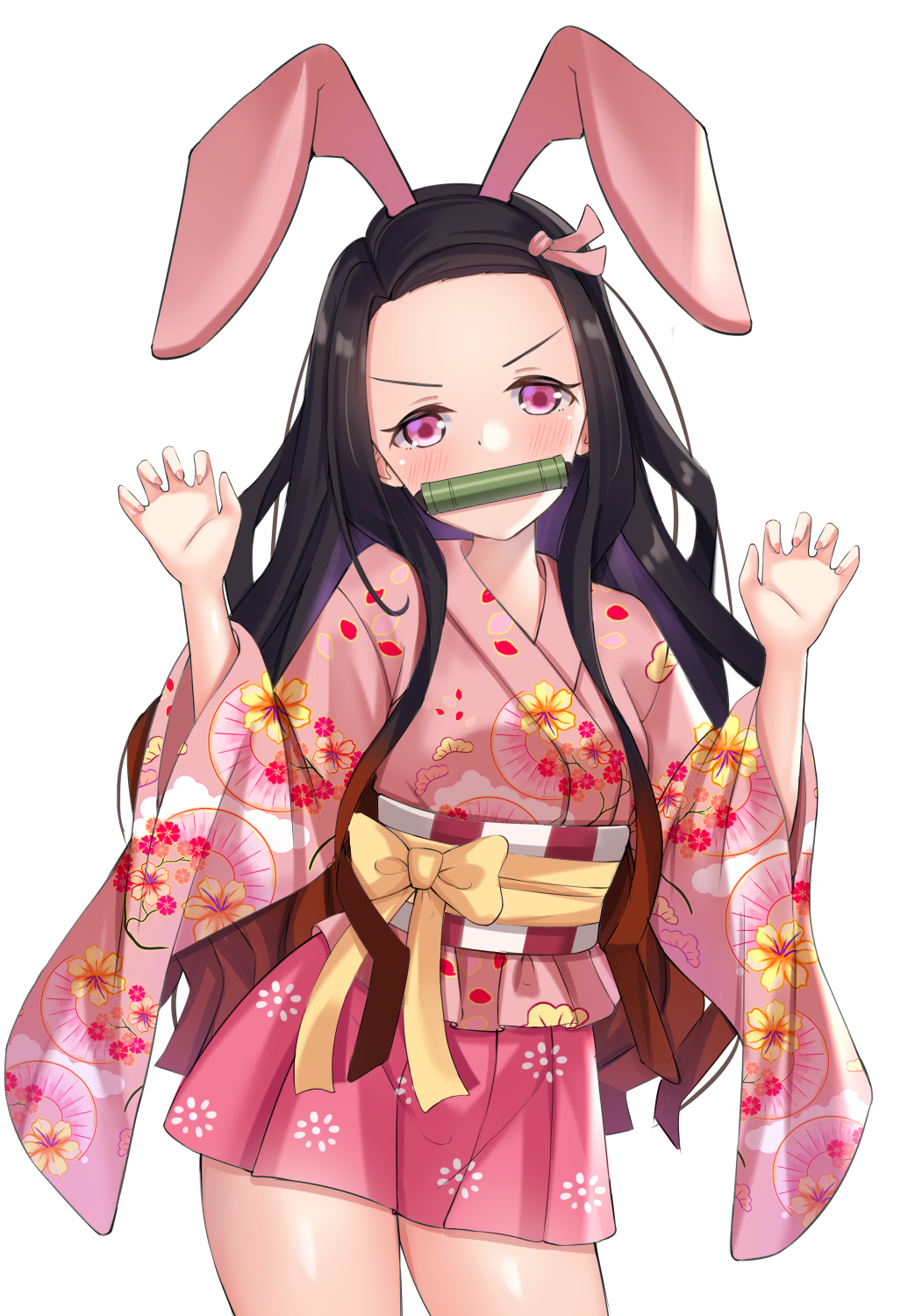 Safebooru - 1girl adapted costume animal ears asymmetrical bangs bamboo bangs bit gag black hair ...