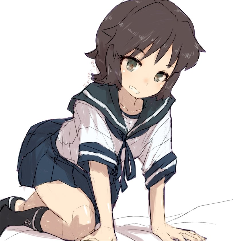 Safebooru - 1girl alchera all fours bed black hair black legwear blue sailor collar blue skirt ...