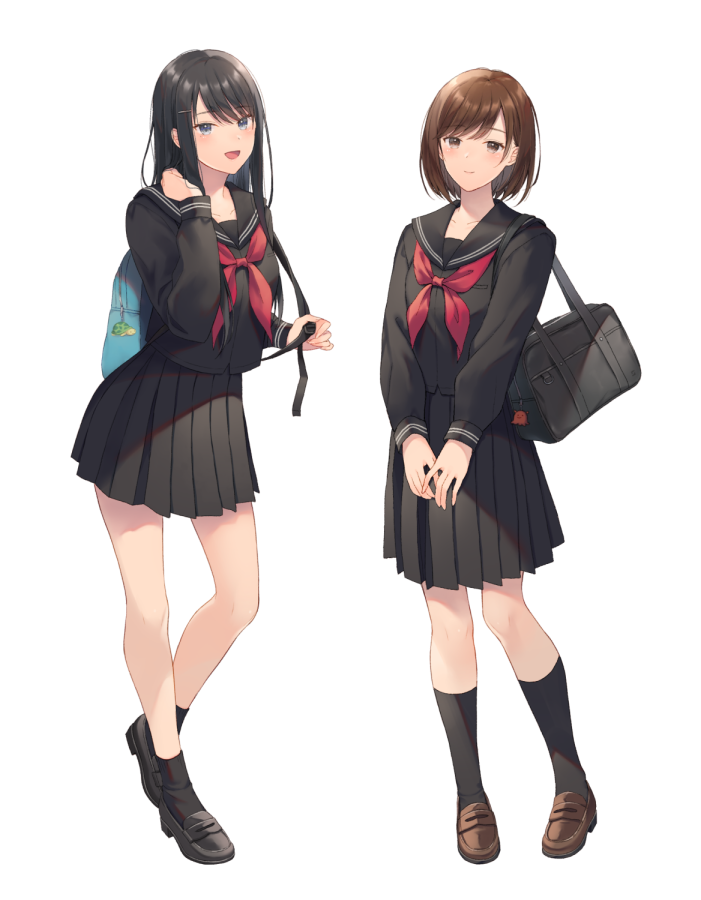 Safebooru - 2girls :d bag black footwear black hair black legwear black sailor collar black ...