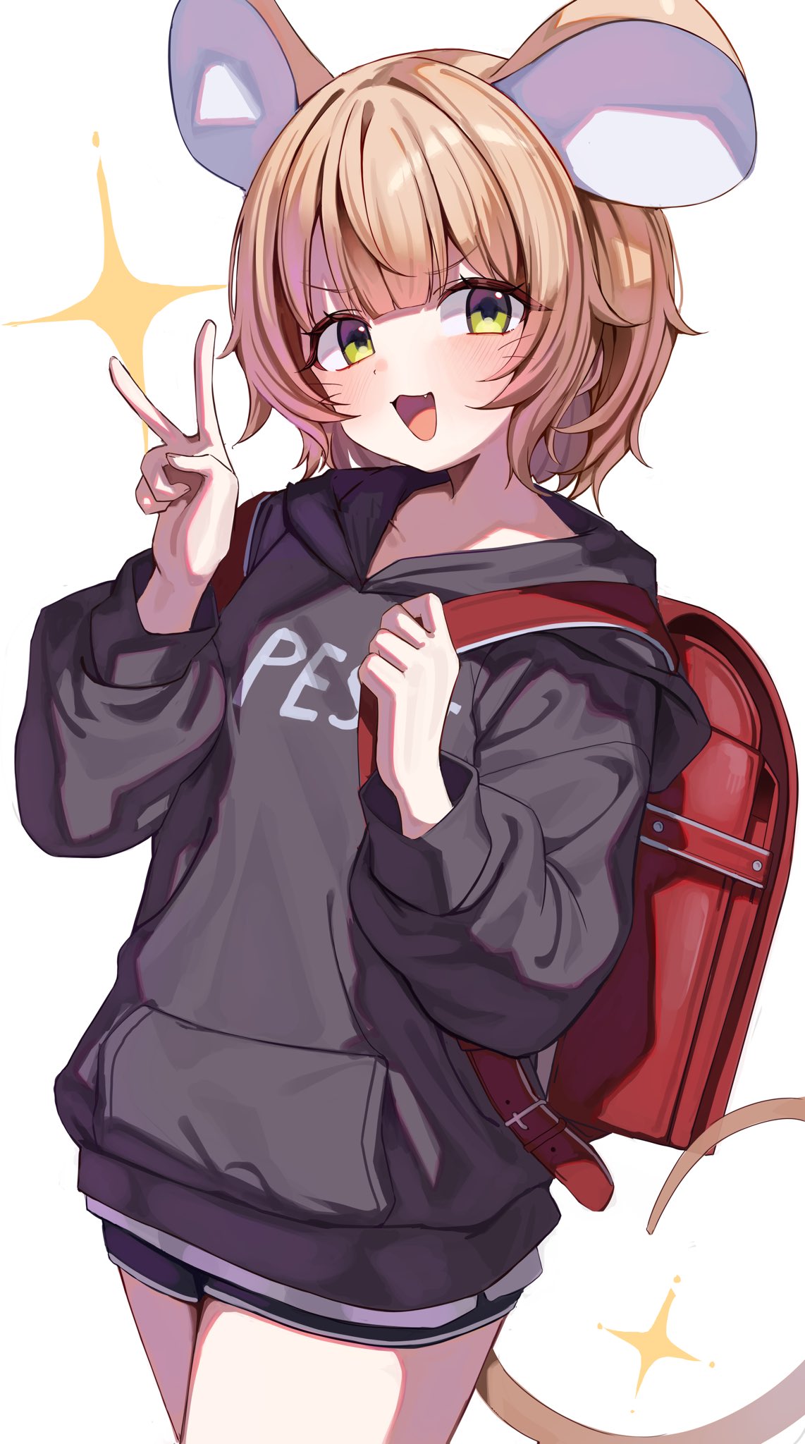 Safebooru - 1girl animal ears backpack bag black hoodie black shorts blonde hair borrowed ...