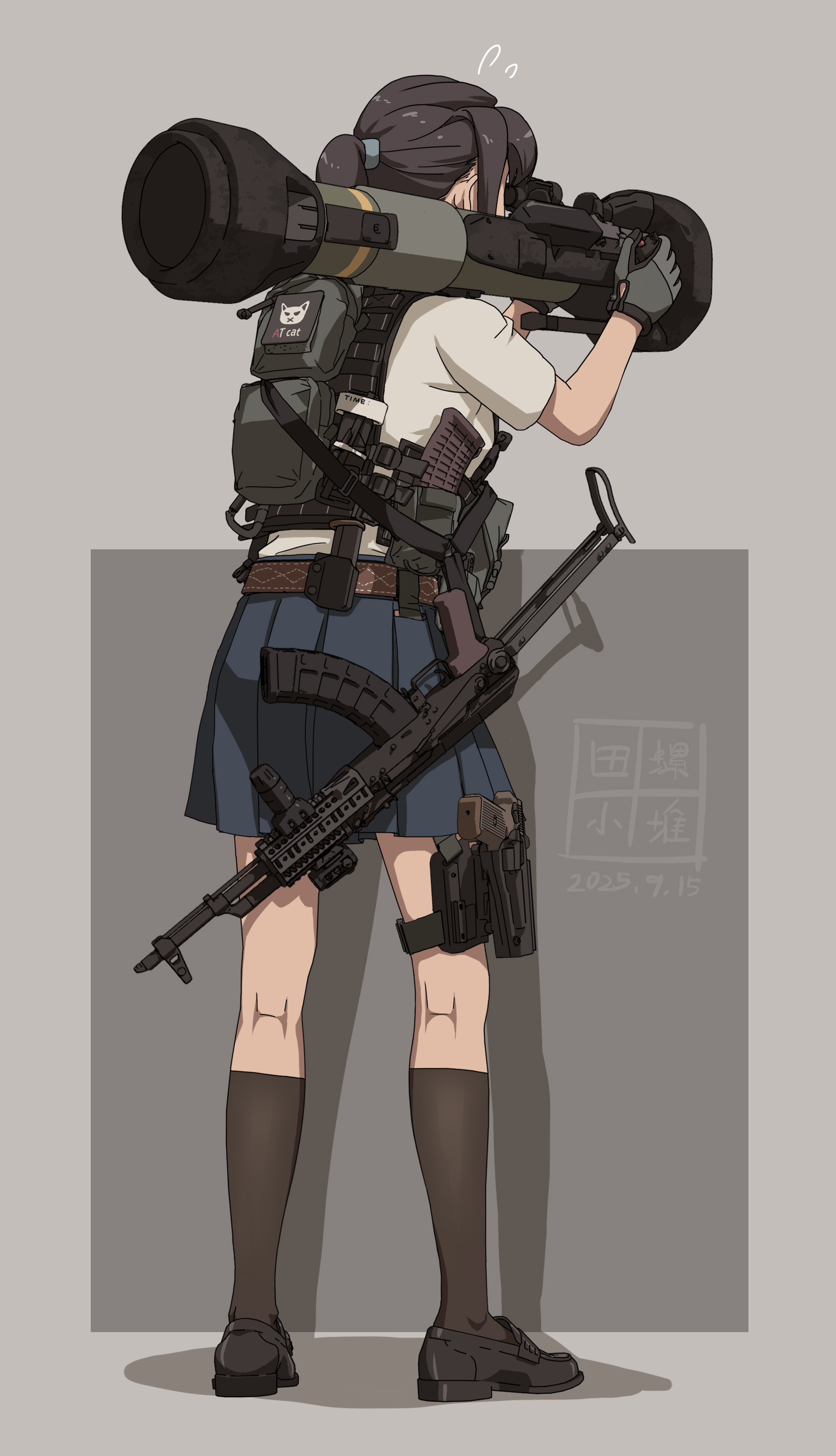 Safebooru - 1girl absurdres assault rifle belt black hair black skirt black socks brown belt ...