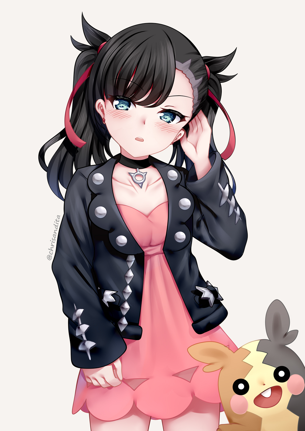 Safebooru - 1girl :d asymmetrical bangs bangs black choker black hair black jacket blue eyes ...