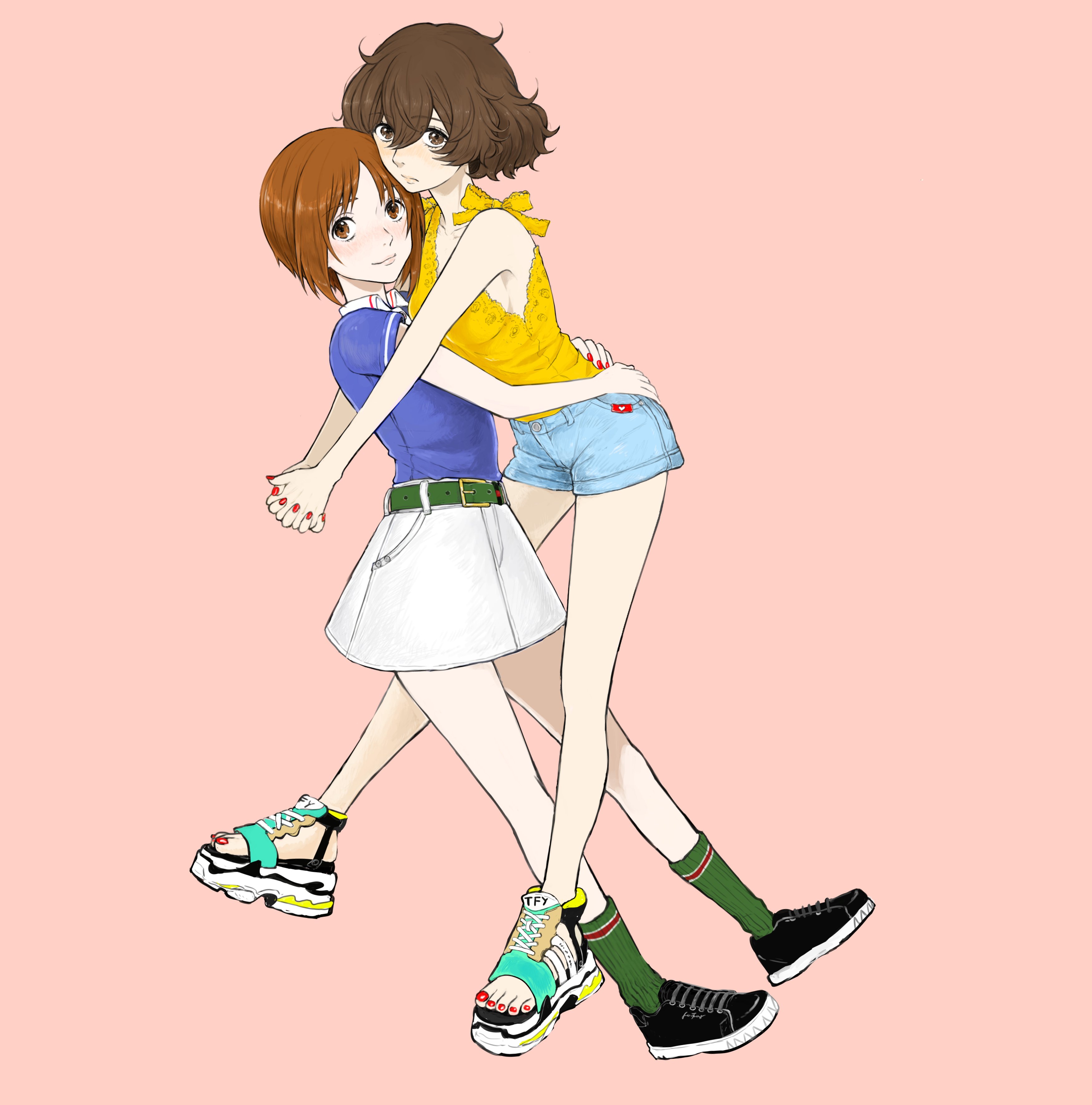 Safebooru - 2girls absurdres akiyama yukari arms around waist bangs banira (oocooocooocoo) belt ...