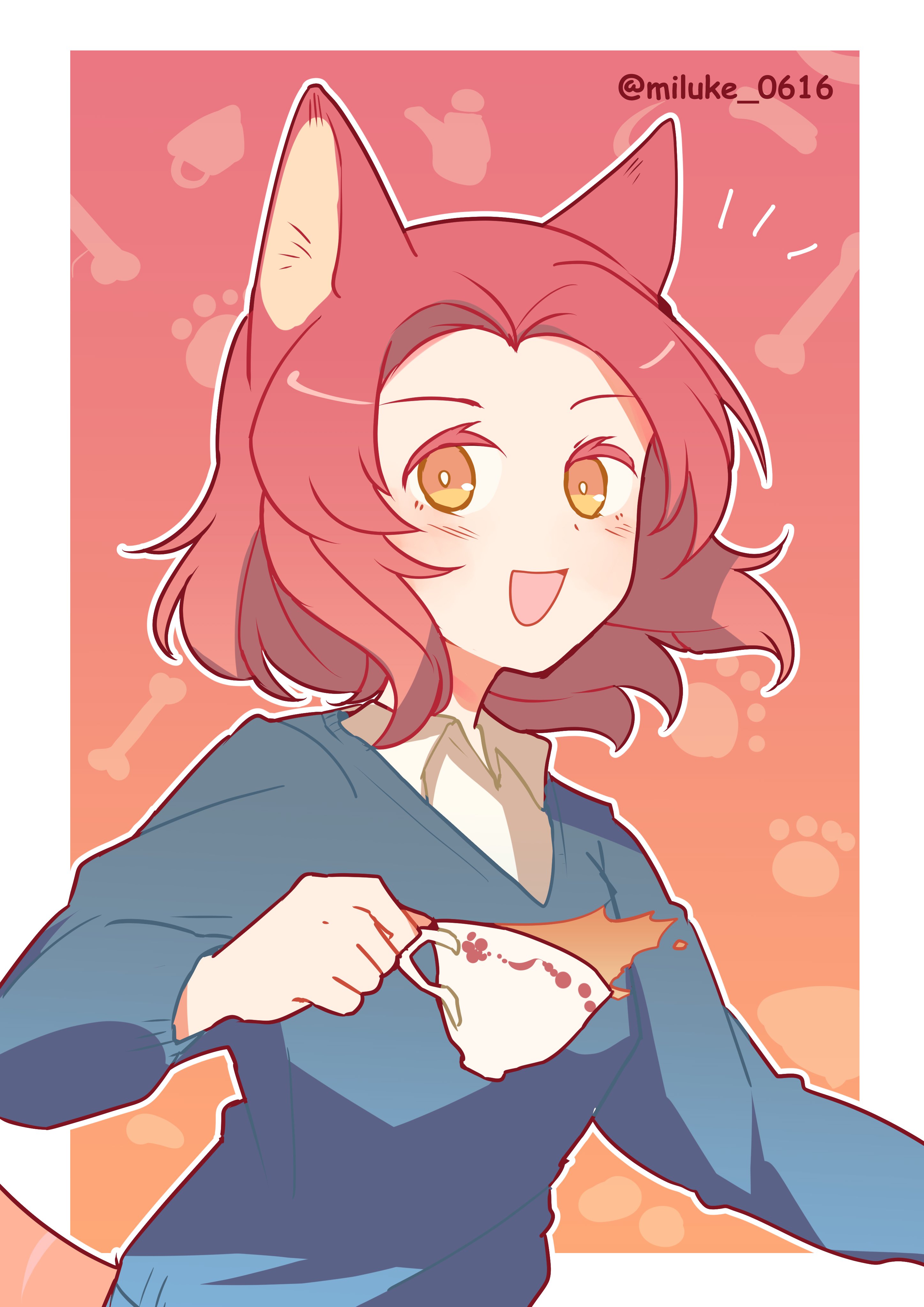 Safebooru - 1girl absurdres animal ears blue sweater brown eyes commentary cup dog ears dress ...